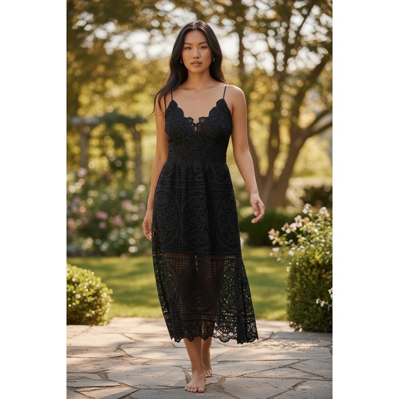 Dresses | Dobe Midi Dress Small Black Laced Crochet Straps Witch ...